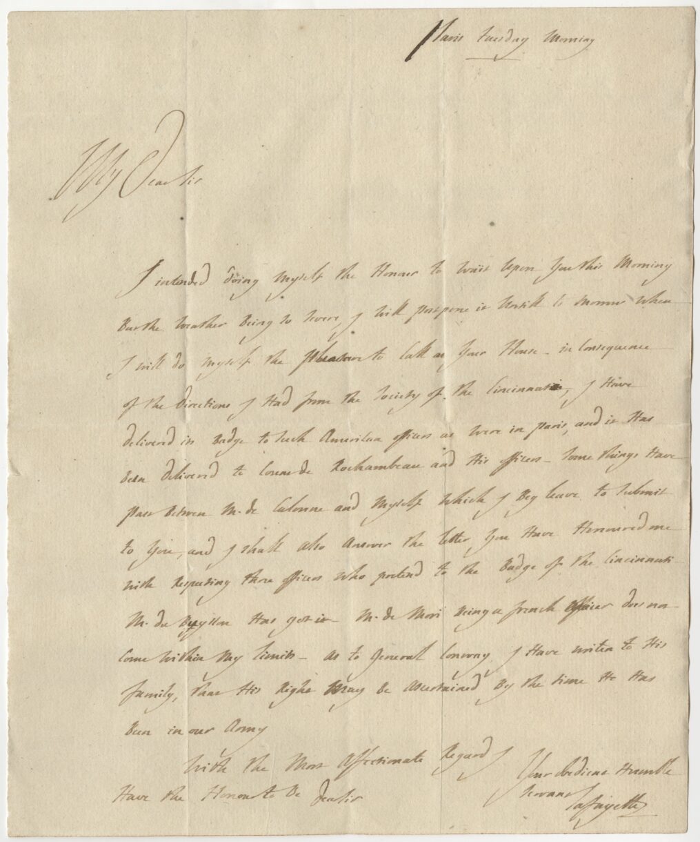 Lafayette Letter on the French Society of the Cincinnati - The American ...